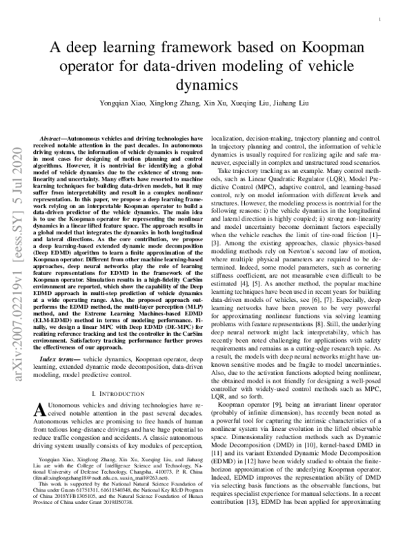 (PDF) A deep learning framework based on Koopman operator for data-driven modeling of vehicle ...