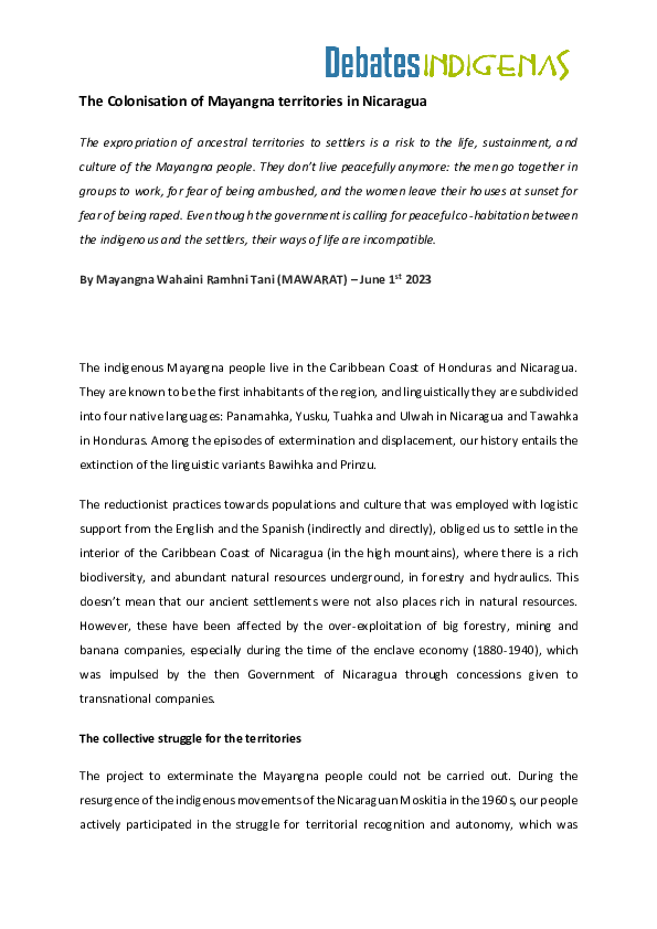 (PDF) The Colonisation of Mayangna territories in Nicaragua