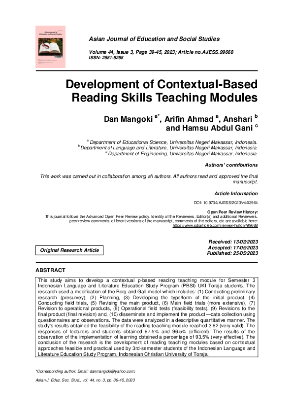(PDF) Development of Contextual-Based Reading Skills Teaching Modules