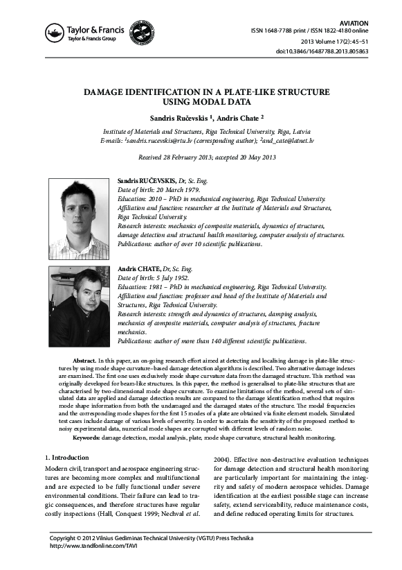 (PDF) Damage Identification in a Plate-Like Structure Using Modal Data
