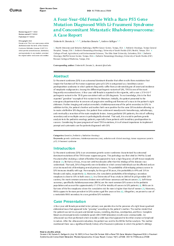 (PDF) A Four-Year-Old Female With a Rare P53 Gene Mutation Diagnosed With Li-Fraumeni Syndrome ...
