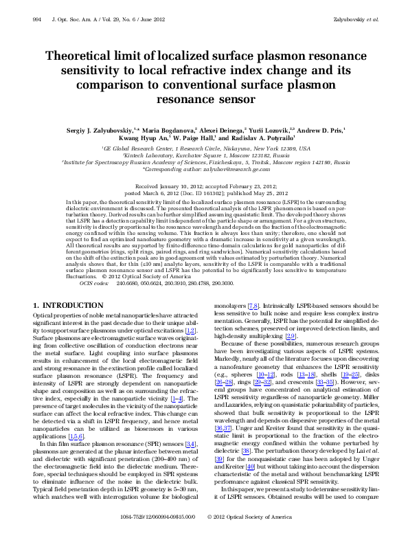 (PDF) Theoretical limit of localized surface plasmon resonance sensitivity to local refractive ...