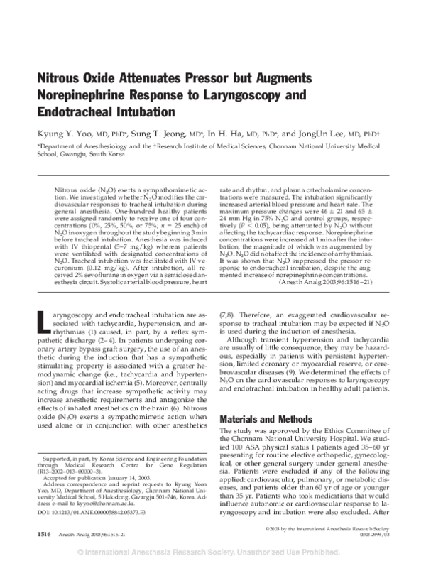 (PDF) Nitrous Oxide Attenuates Pressor but Augments Norepinephrine ...