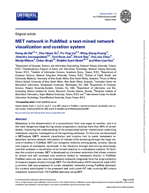 (PDF) MET network in PubMed: a text-mined network visualization and curation system | Hong-jie ...