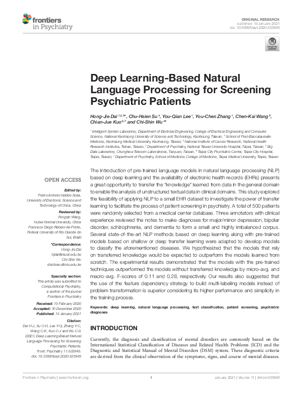 (PDF) Deep Learning-Based Natural Language Processing for Screening Psychiatric Patients