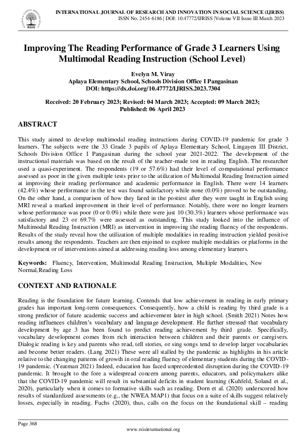 (PDF) Improving The Reading Performance of Grade 3 Learners Using ...