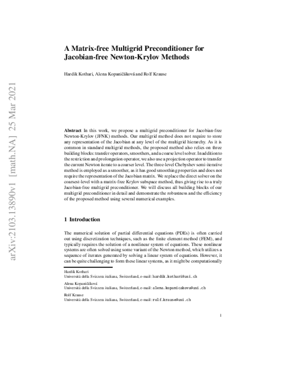 (PDF) A Matrix-free Multigrid Preconditioner for Jacobian-free Newton-Krylov Methods