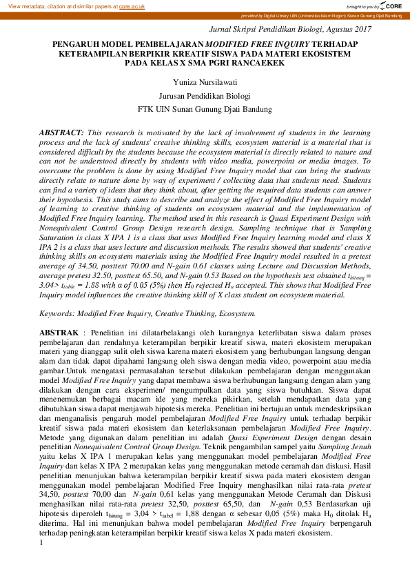 (PDF) Pengaruh Model Pembelajaran Modified Free Inquiry Terhadap Keterampilan Berpikir Kreatif ...