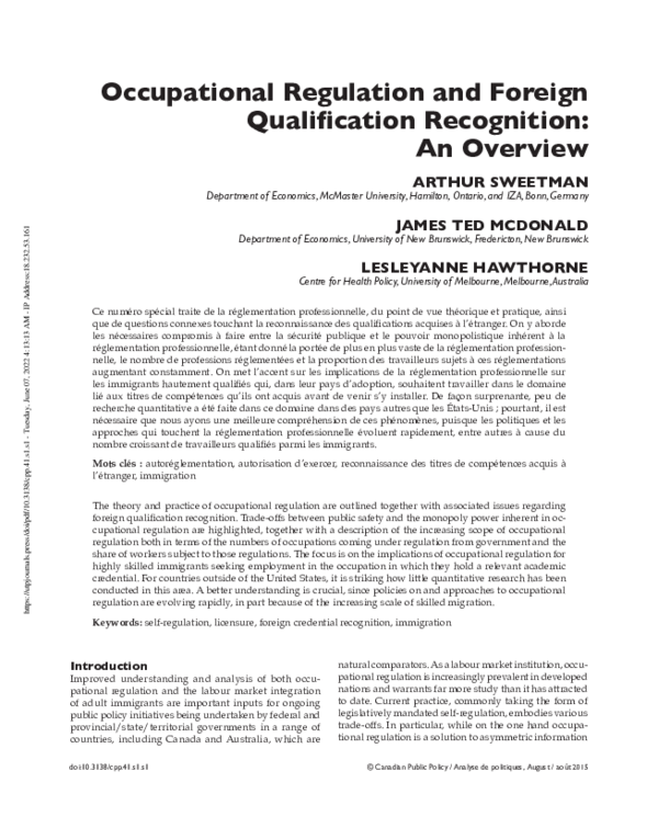 (PDF) Occupational Regulation and Foreign Qualification Recognition: An ...