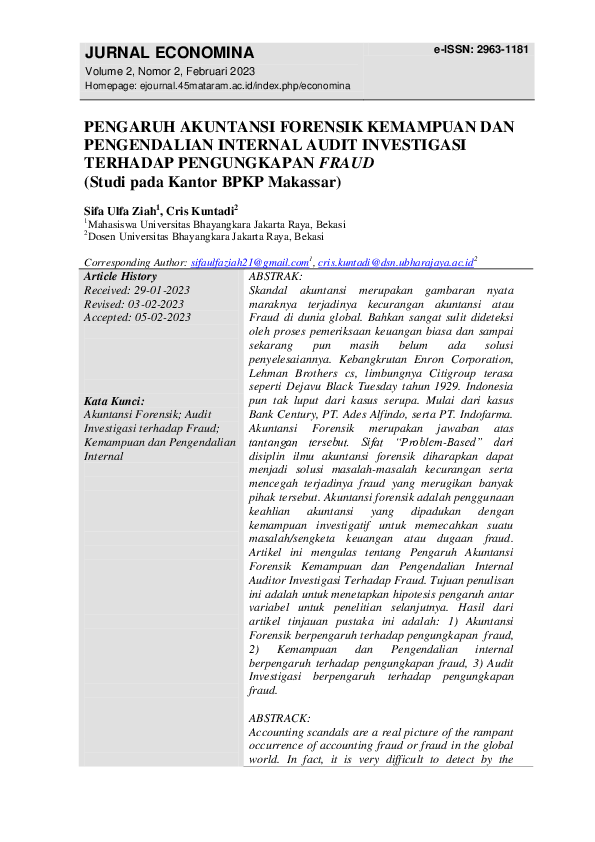 (PDF) PENGARUH AKUNTANSI FORENSIK KEMAMPUAN DAN PENGENDALIAN INTERNAL ...