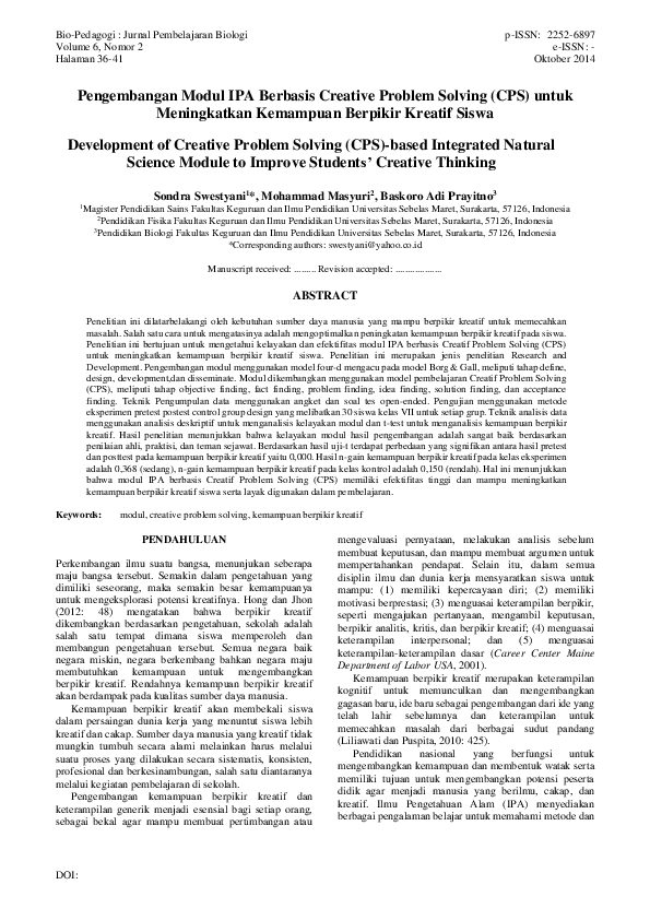 (PDF) Pengembangan Modul IPA Berbasis Creative Problem Solving (CPS) untuk Meningkatkan ...