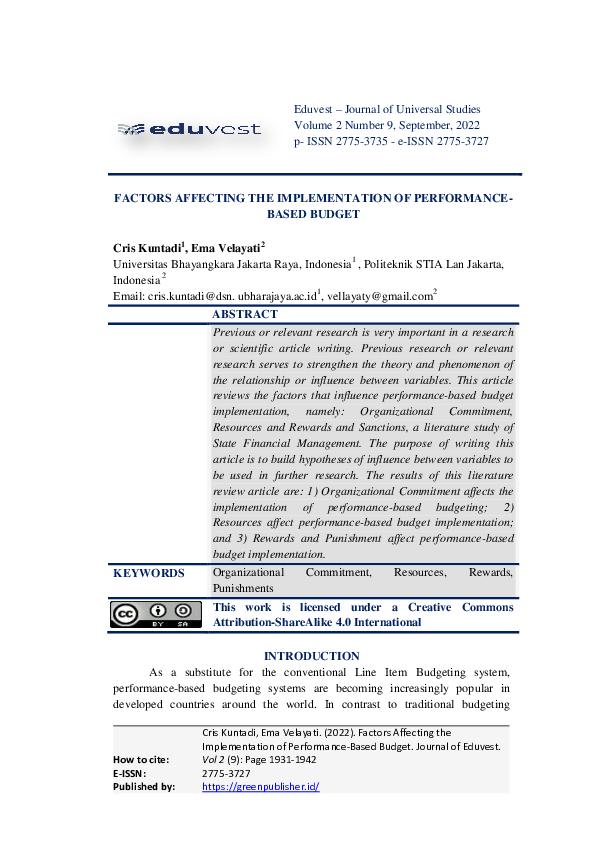 Pdf Factors Affecting The Implementation Of Performance Based Budget
