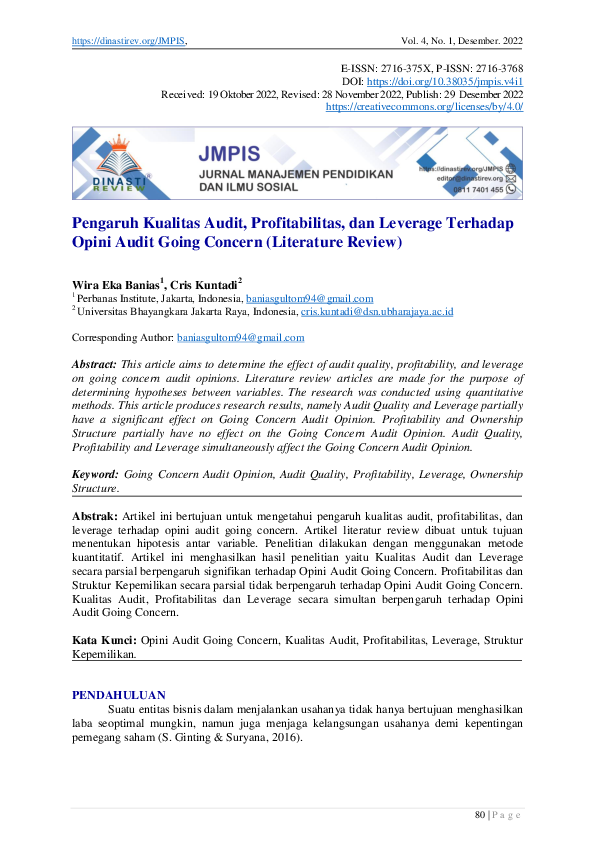 (PDF) Pengaruh Kualitas Audit, Profitabilitas, dan Leverage Terhadap ...