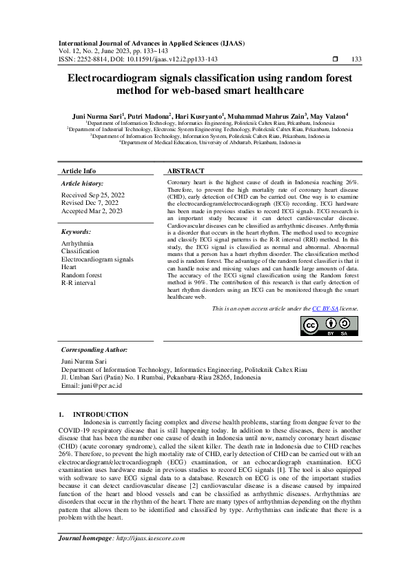 (PDF) Electrocardiogram signals classification using random forest method for web-based smart ...