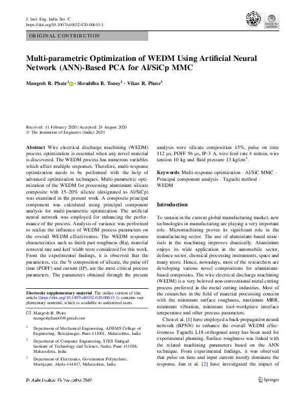 Pdf Multi Parametric Optimization Of Wedm Using Artificial Neural Network Ann Based Pca For