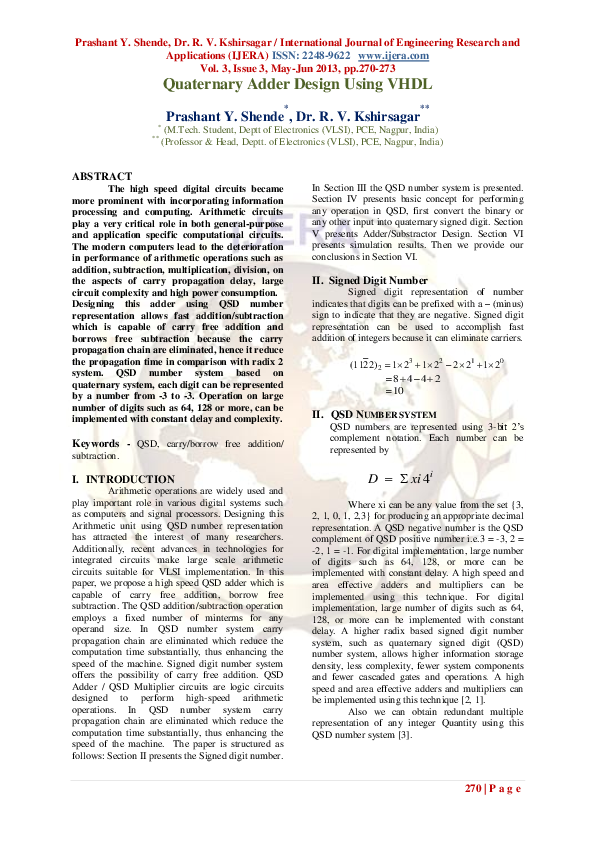 (PDF) Quaternary Adder Design Using VHDL