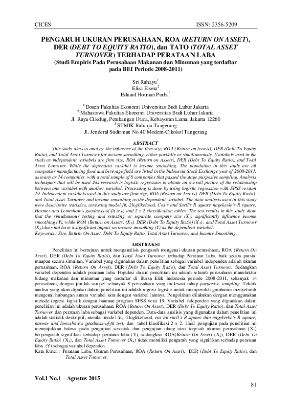 (PDF) Pengaruh Ukuran Perusahaan, ROA (Return On Asset), DER (Debt To ...