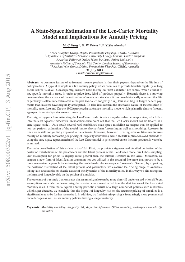 (PDF) A State-Space Estimation of the Lee-Carter Mortality Model and Implications for Annuity ...