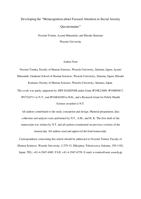Pdf Developing The “metacognition About Focused Attention In Social Anxiety Questionnaire”