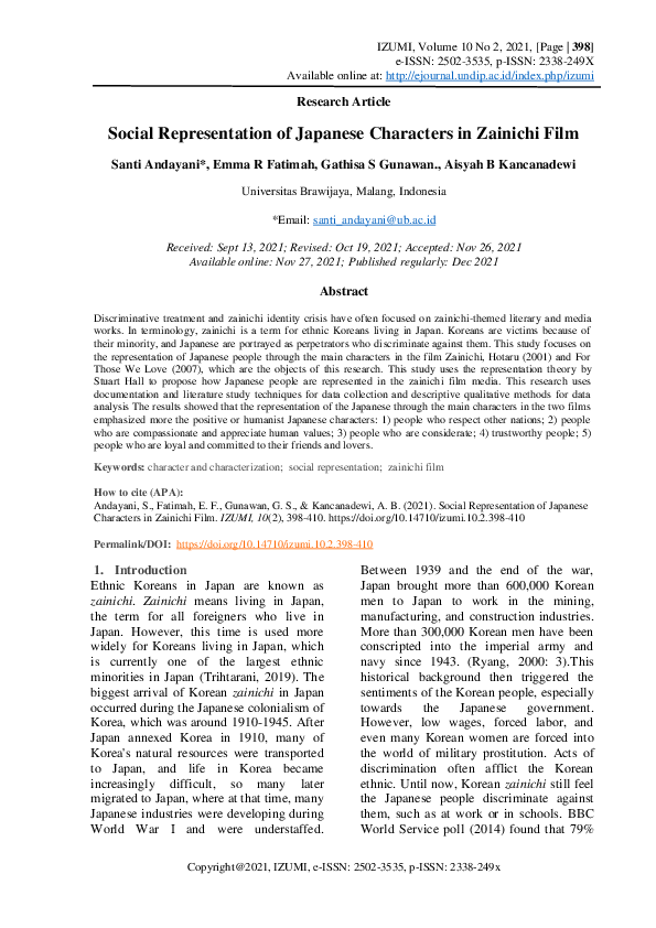 (PDF) Social Representation of Japanese Characters in Zainichi Film ...