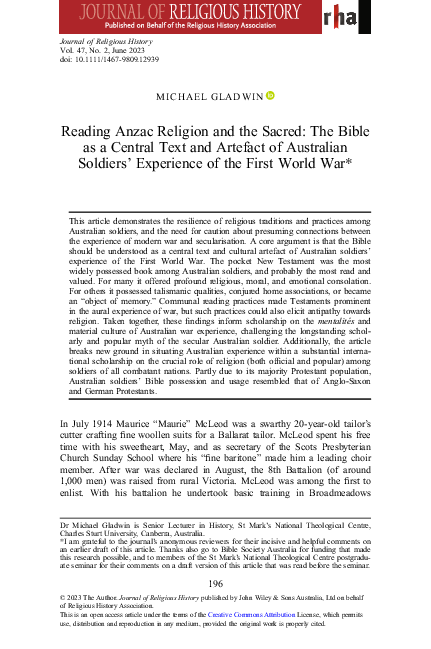(PDF) Reading Anzac Religion and the Sacred: The Bible as a Central ...
