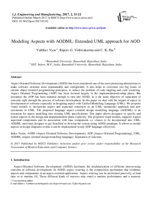 Pdf Modeling Aspects With Aodml Extended Uml Approach For Aod Dr Vaibhav Vyas