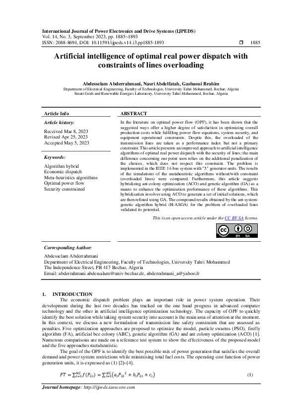 Pdf Artificial Intelligence Of Optimal Real Power Dispatch With Constraints Of Lines Overloading