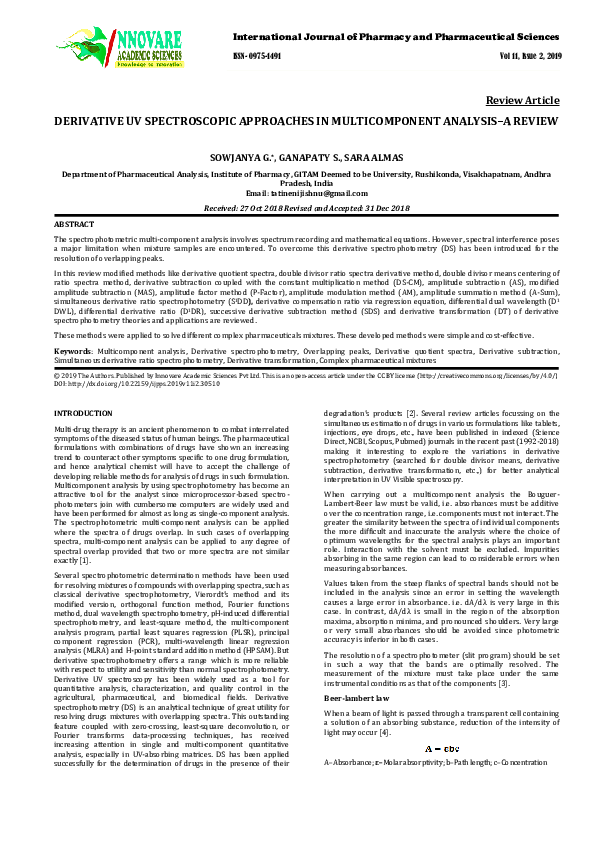 Pdf Derivative Uv Spectroscopic Approaches In Multicomponent Analysis A Review