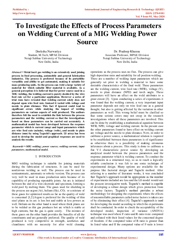 (PDF) To Investigate the Effects of Process Parameters on Welding Current of a MIG Welding Power ...