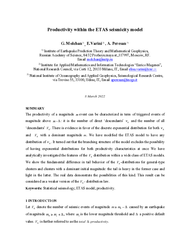 (PDF) Productivity within the ETAS seismicity model