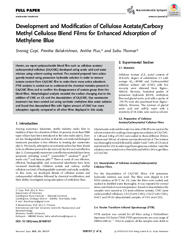 (PDF) Development and Modification of Cellulose Acetate/Carboxy Methyl ...