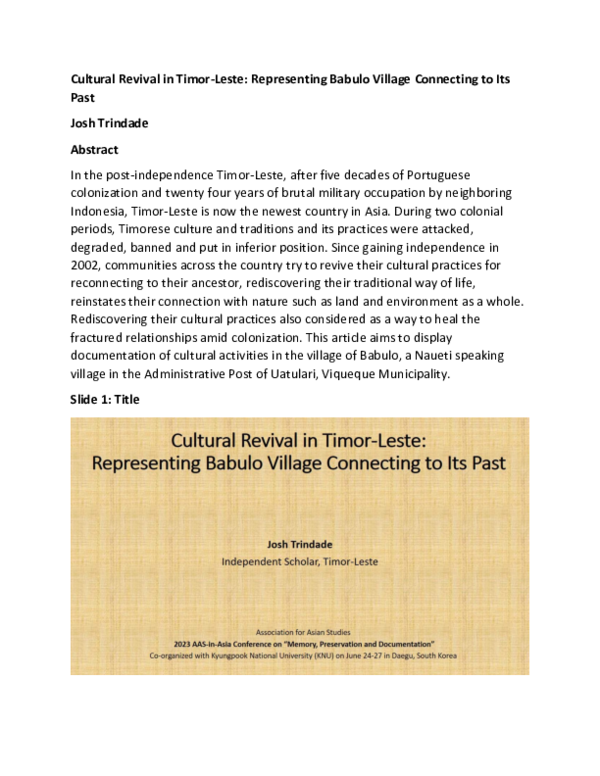 (PDF) Cultural Revival in Timor-Leste: Representing Babulo Village ...