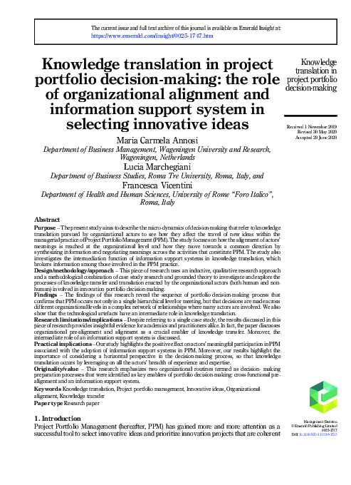 (PDF) Knowledge translation in project portfolio decision-making: the ...
