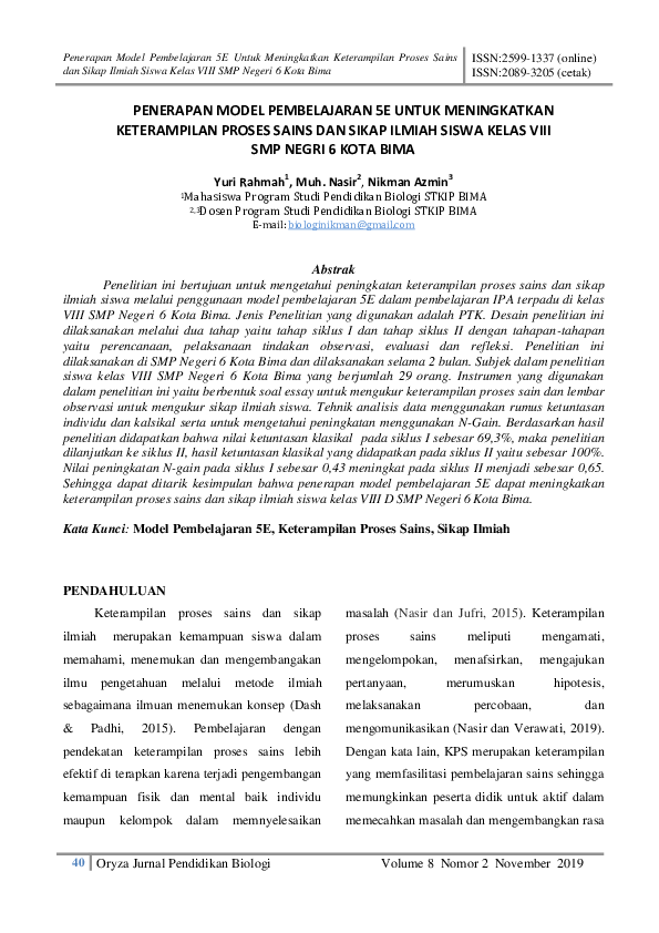 (PDF) Penerapan Model Pembelajaran 5E Untuk Meningkatkan Keterampilan Proses Sains Dan Sikap ...