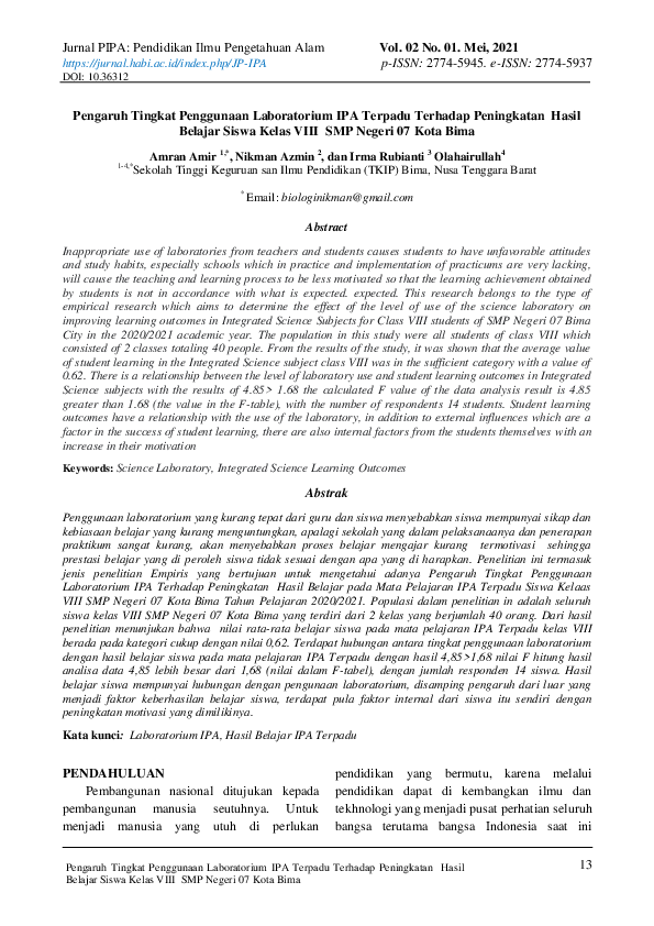 (PDF) Pengaruh Tingkat Penggunaan Laboratorium Ipa Terpadu Terhadap ...