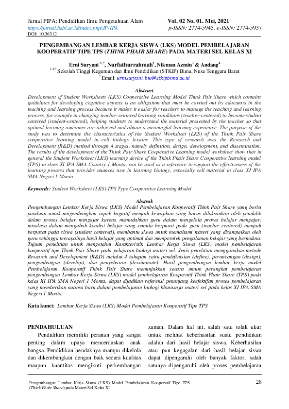 (PDF) Pengembangan Lembar Kerja Siswa (LKS) Model Pembelajaran Kooperatif Tipe TPS (Think Phair ...