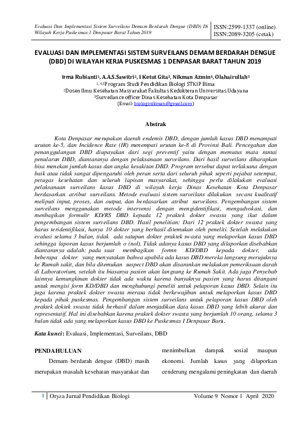 (PDF) Evaluasi Dan Implementasi Sistem Surveilans Demam Berdarah Dengue (DBD) DI Wilayah Kerja ...