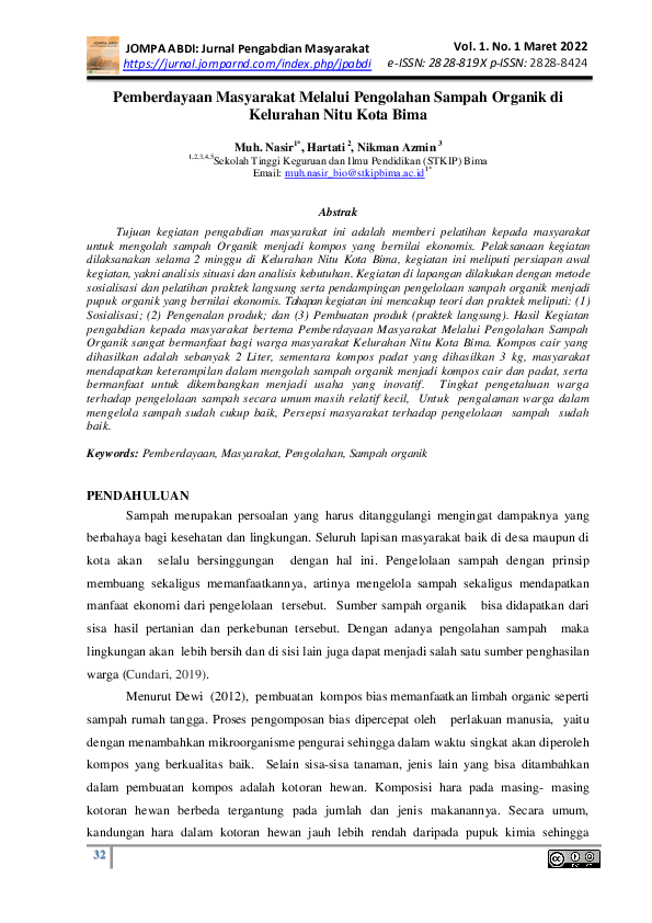 (PDF) Pemberdayaan Masyarakat Melalui Pengolahan Sampah Organik di Kelurahan Nitu Kota Bima