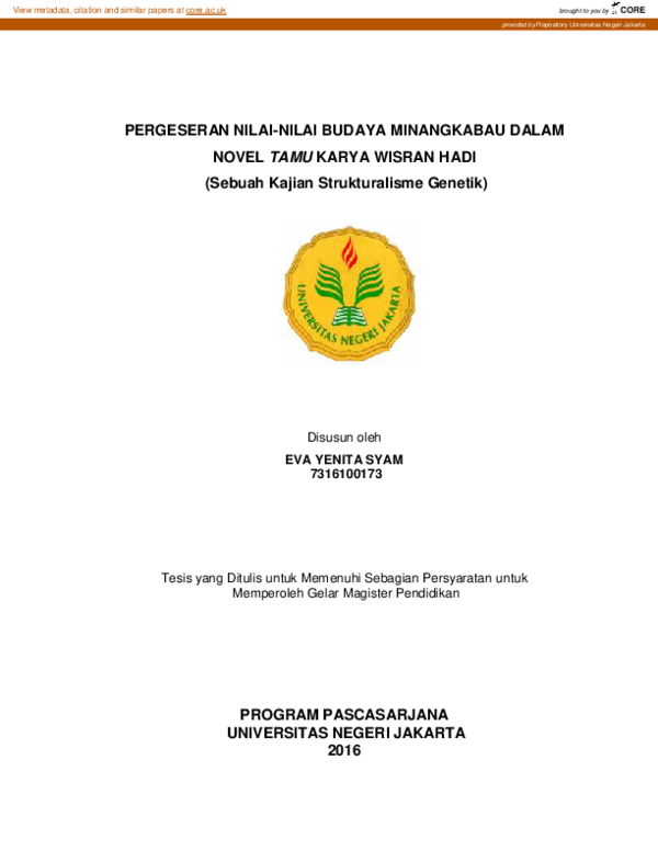 (PDF) PERGESERAN NILAI-NILAI BUDAYA MINANGKABAU DALAM NOVEL TAMU KARYA WISRAN HADI (Sebuah ...