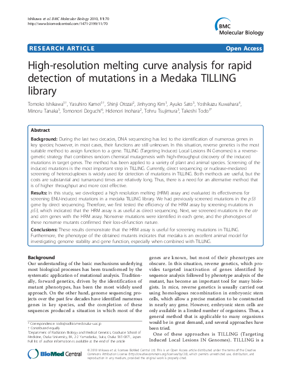 (PDF) High-resolution melting curve analysis for rapid detection of mutations in a Medaka ...