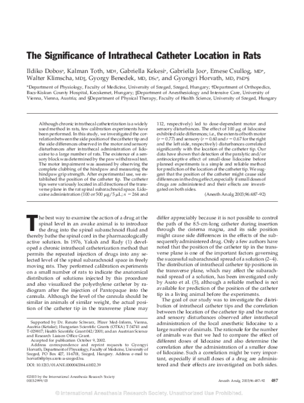 (PDF) The Significance of Intrathecal Catheter Location in Rats