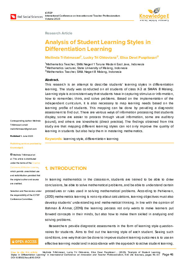 (PDF) Analysis of Student Learning Styles in Differentiation Learning