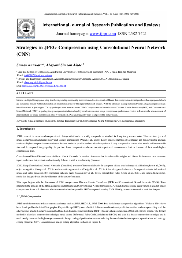 (PDF) Strategies in JPEG Compression using Convolutional Neural Network (CNN)