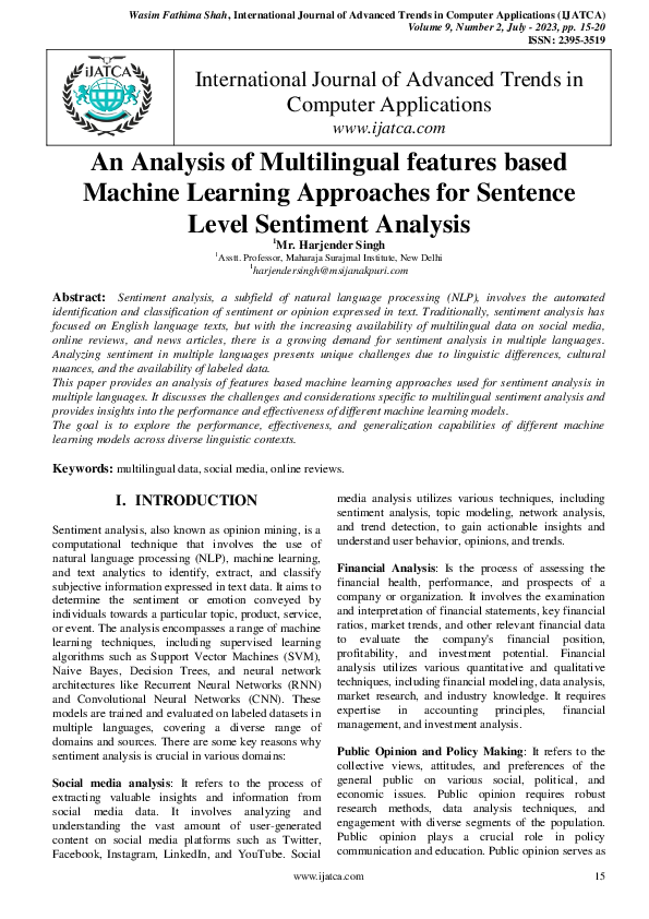 (PDF) An Analysis of Multilingual features based Machine Learning Approaches for Sentence Level ...