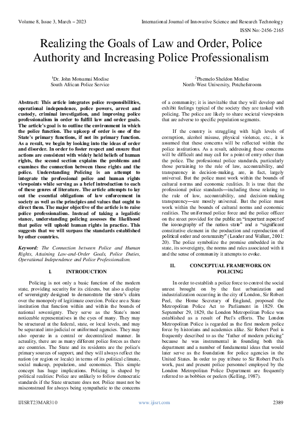 (PDF) Realizing the Goals of Law and Order, Police Authority and ...