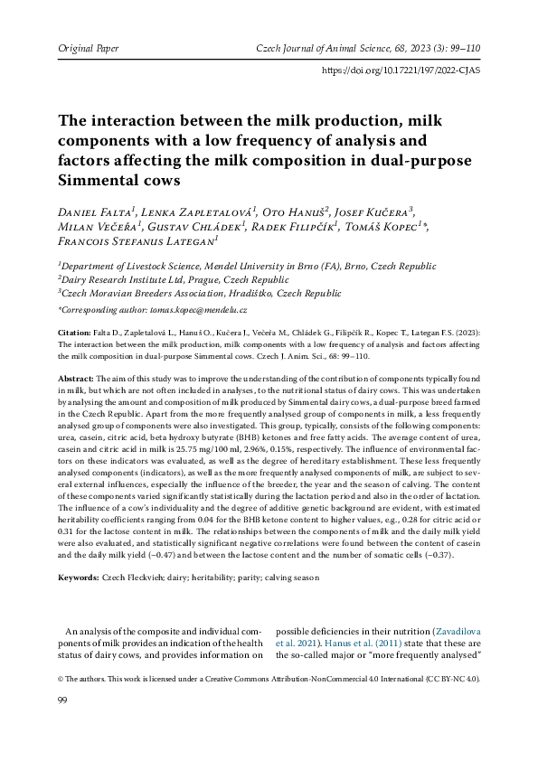 (PDF) The interaction between the milk production, milk components with a low frequency of ...