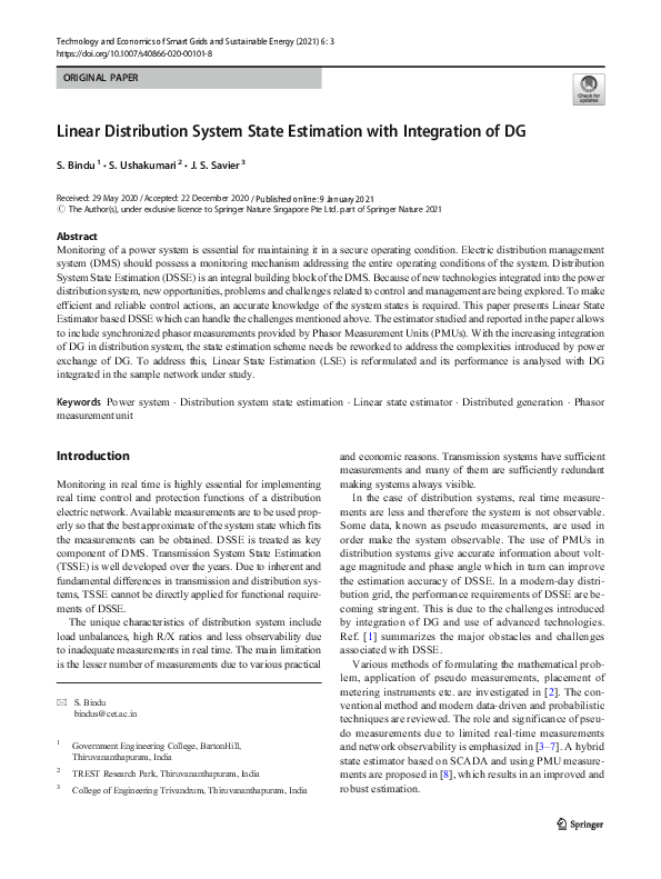 (PDF) Linear Distribution System State Estimation with Integration of DG