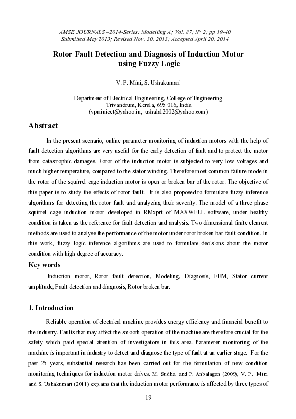 Pdf Rotor Fault Detection And Diagnosis Of Induction Motor Using Fuzzy Logic
