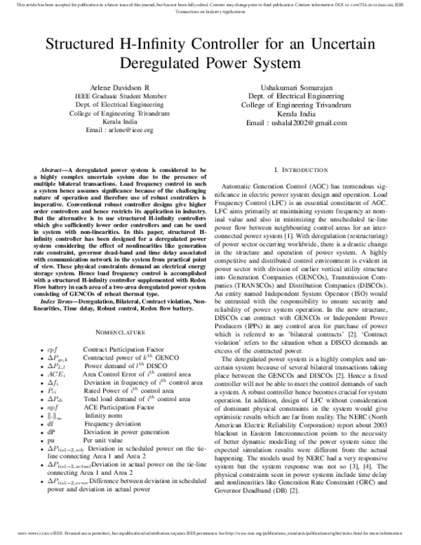 (PDF) Structured H-Infinity Controller for an Uncertain Deregulated Power System