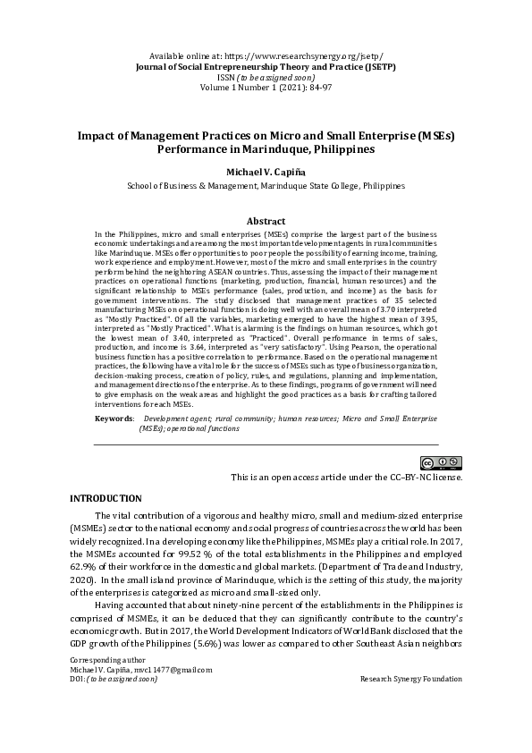 (PDF) Impact of Management Practices on Micro and Small Enterprise ...